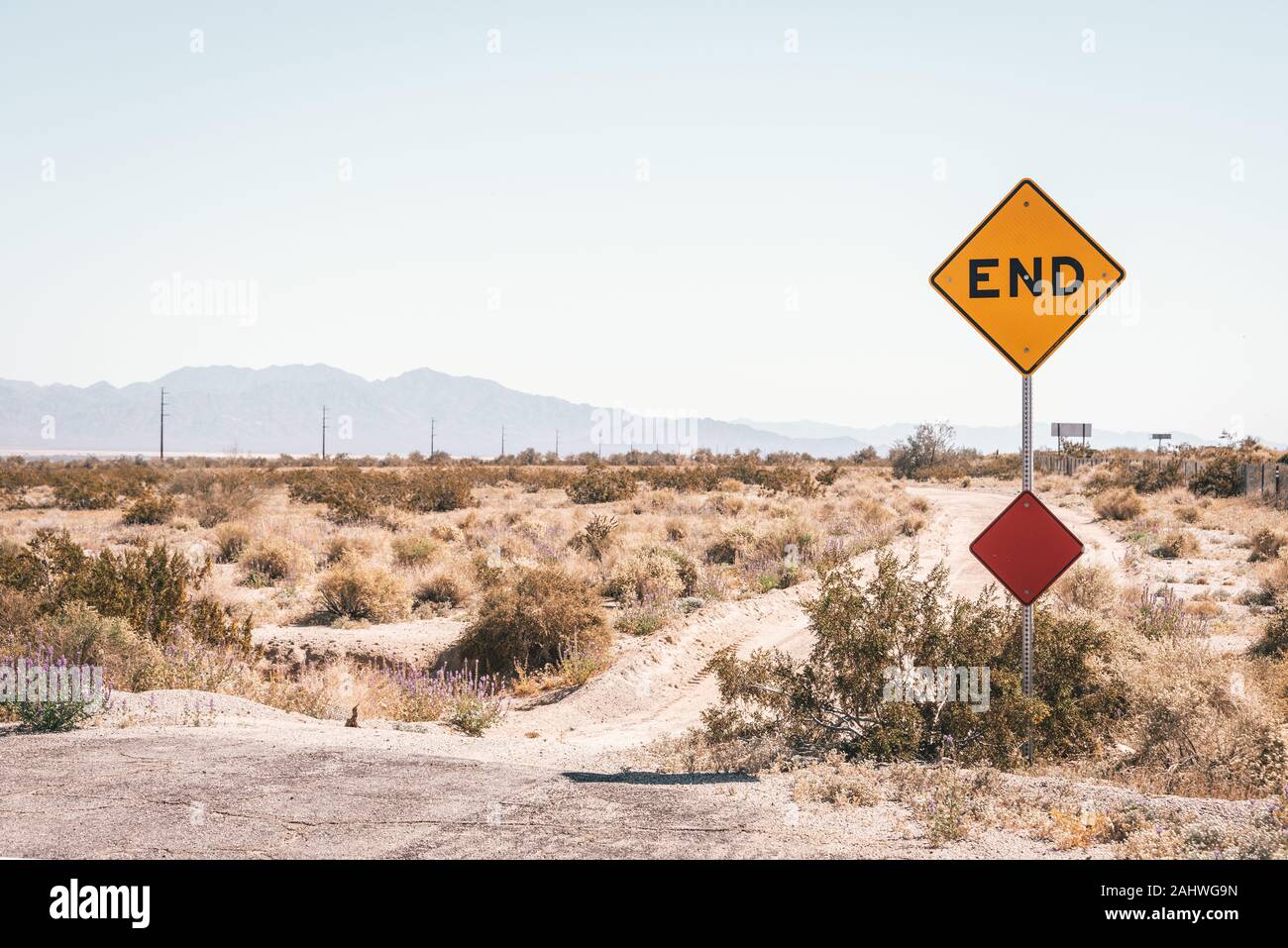 End sign and desert landscape in Desert Center, California Stock Photo ...
