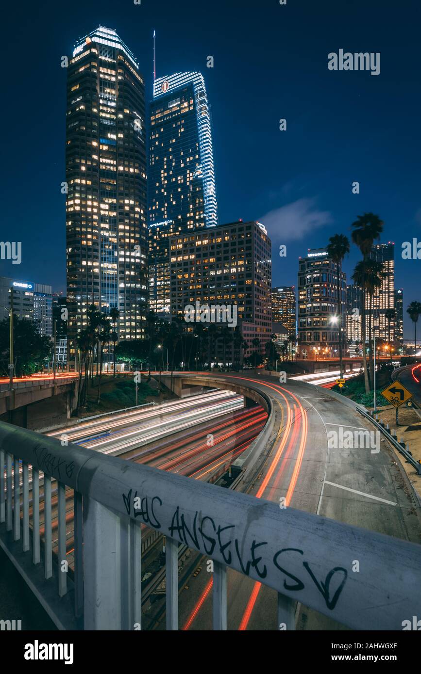 Long exposure night cityscape view of the 110 Freeway and downtown Los ...