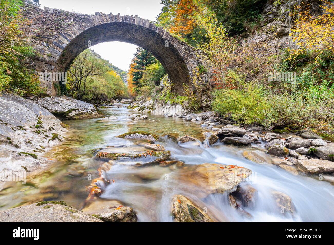 Romanesque bridge near Isaba in Belagua River, Roncal Valley, Navarra ...