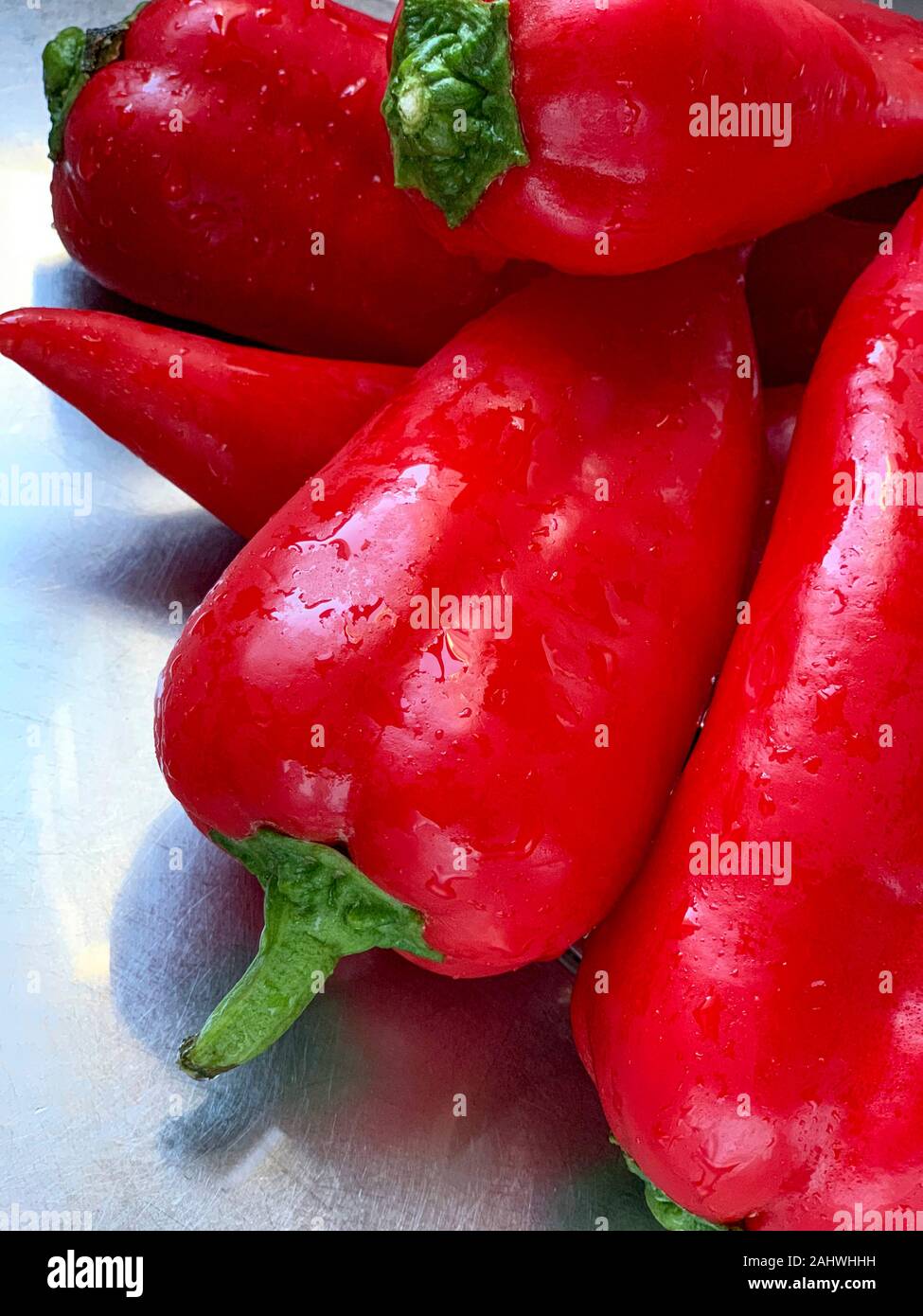 Organic red peppers are grouped together on a aluminum counter top in a ...