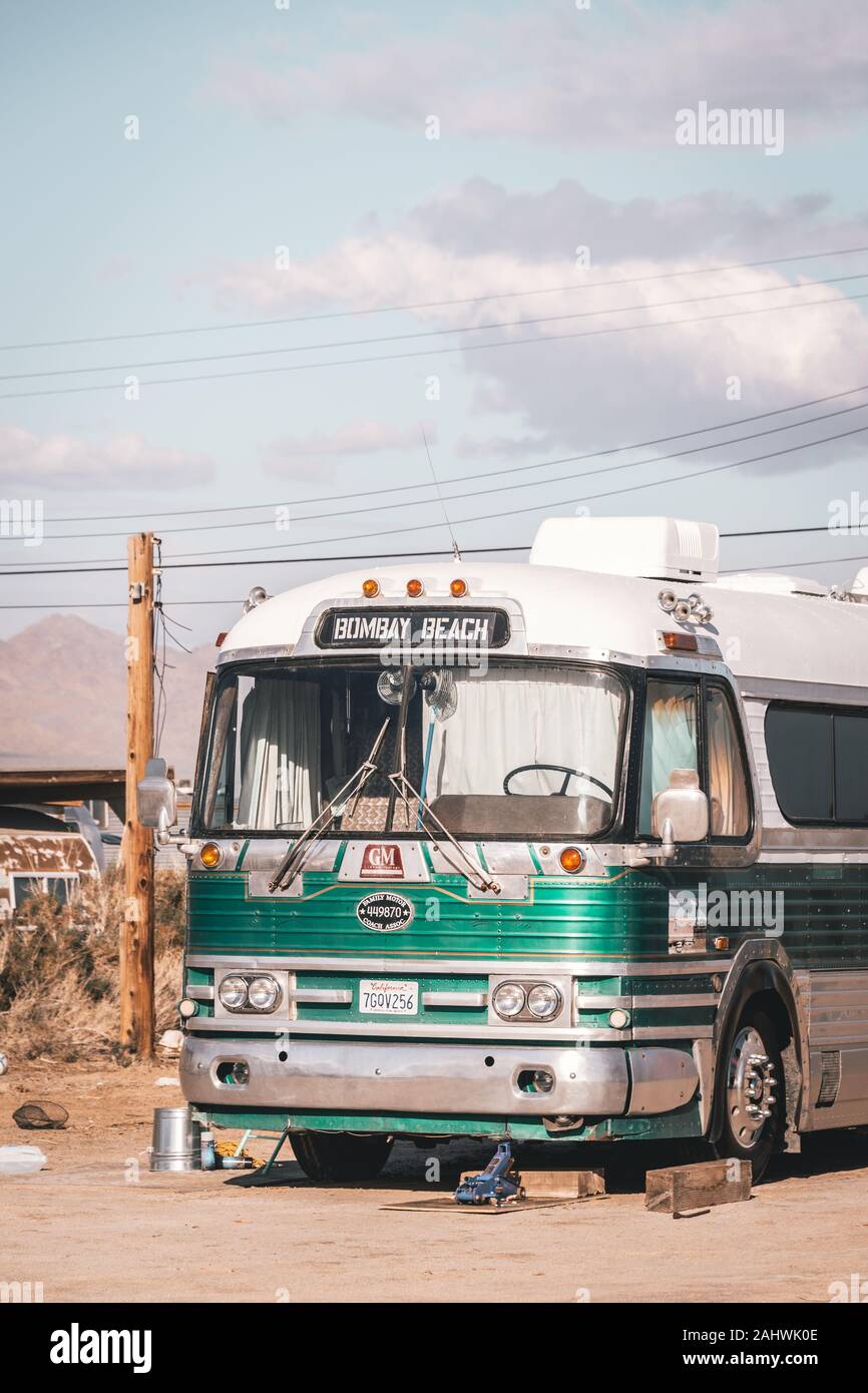 Bombay Beach bus in Bombay Beach, on the Salton Sea in California Stock ...