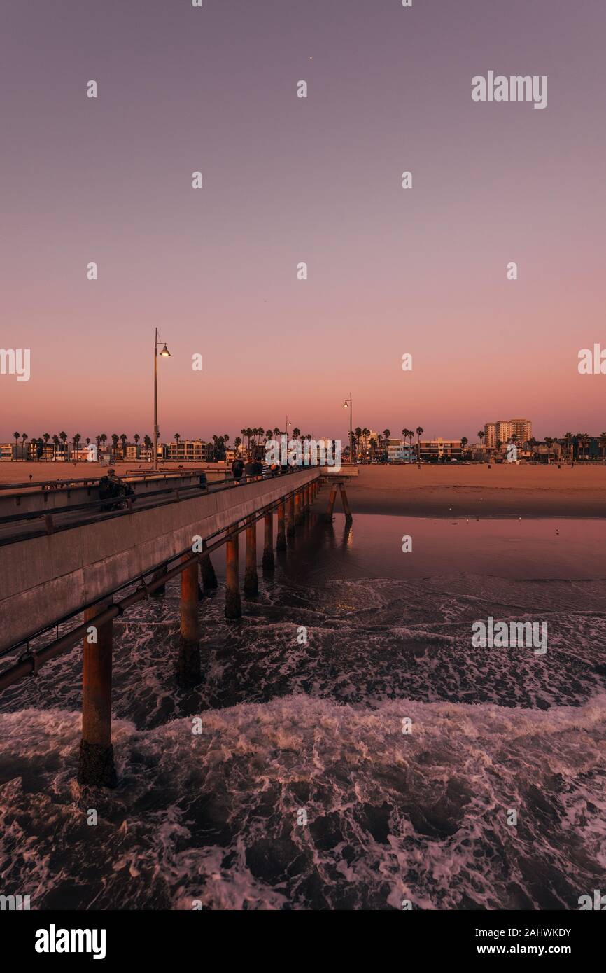 The pier in Venice Beach at sunset, in Los Angeles, California Stock ...