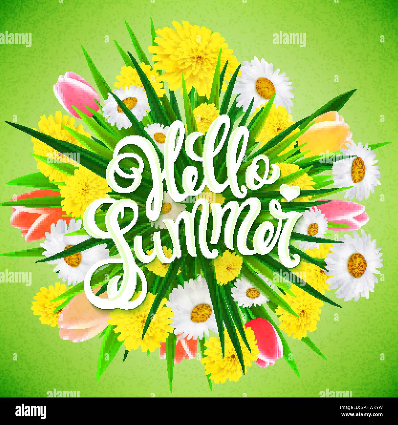 Hello summer poster, hand drawn lettering over background with flowers ...