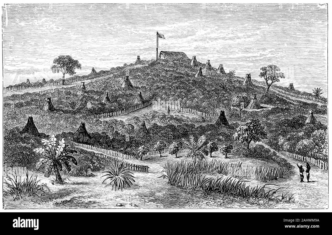 Engraving of the palace of Muteesa I Mukaabya Walugembe Kayiira (1837 ...