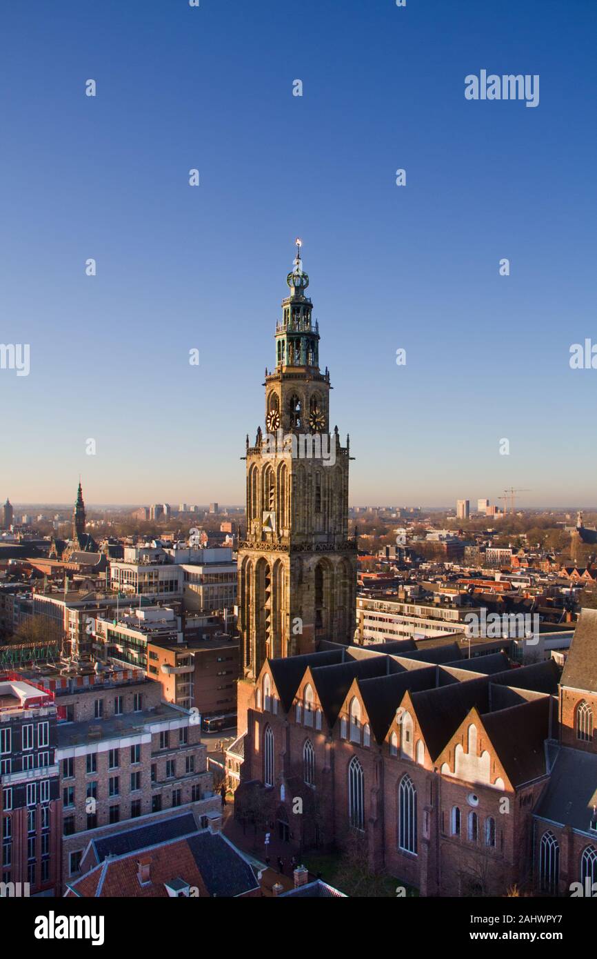Aerial view over the Dutch city Groningen and the medieval Martini ...