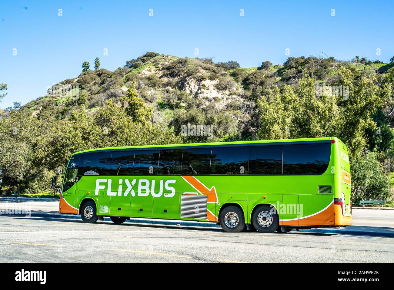 FlixBus green Passenger Bus, Los Angeles California. Intercity travel ...