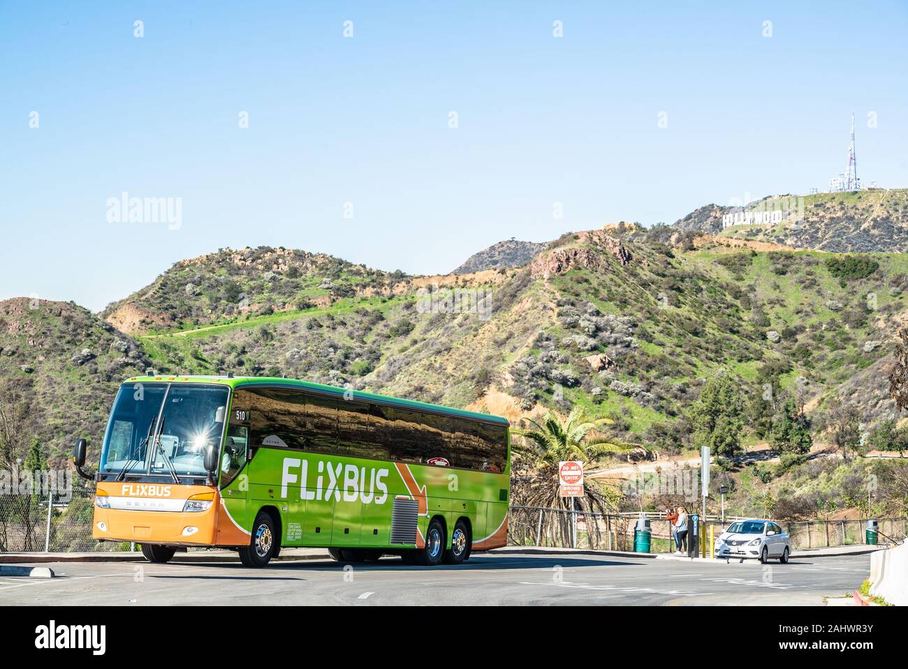 FlixBus green Passenger Bus, Los Angeles California. Intercity travel ...