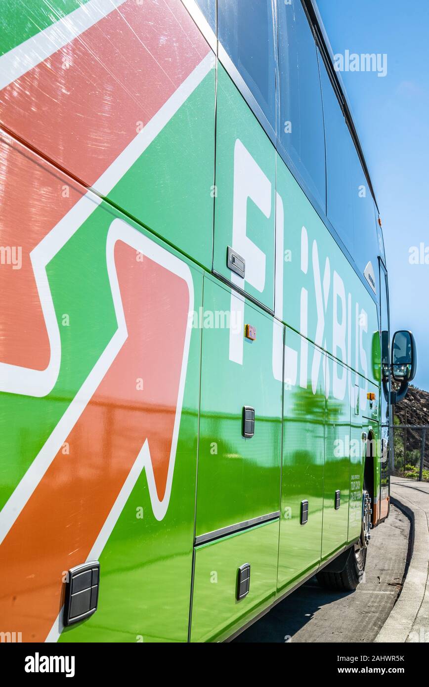 FlixBus green Passenger Bus, Los Angeles California. Intercity travel ...