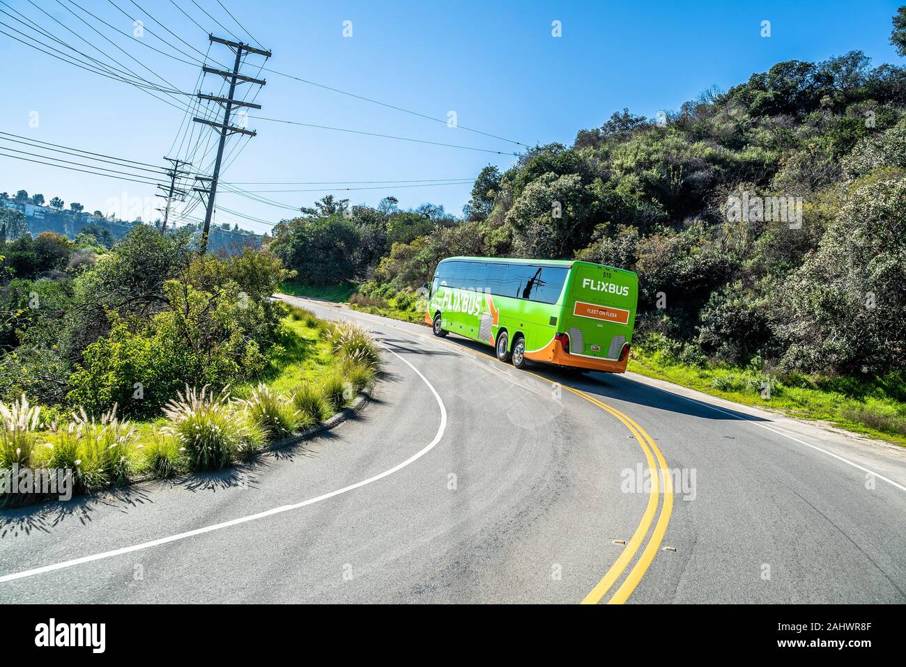 FlixBus green Passenger Bus, Los Angeles California. Intercity travel ...