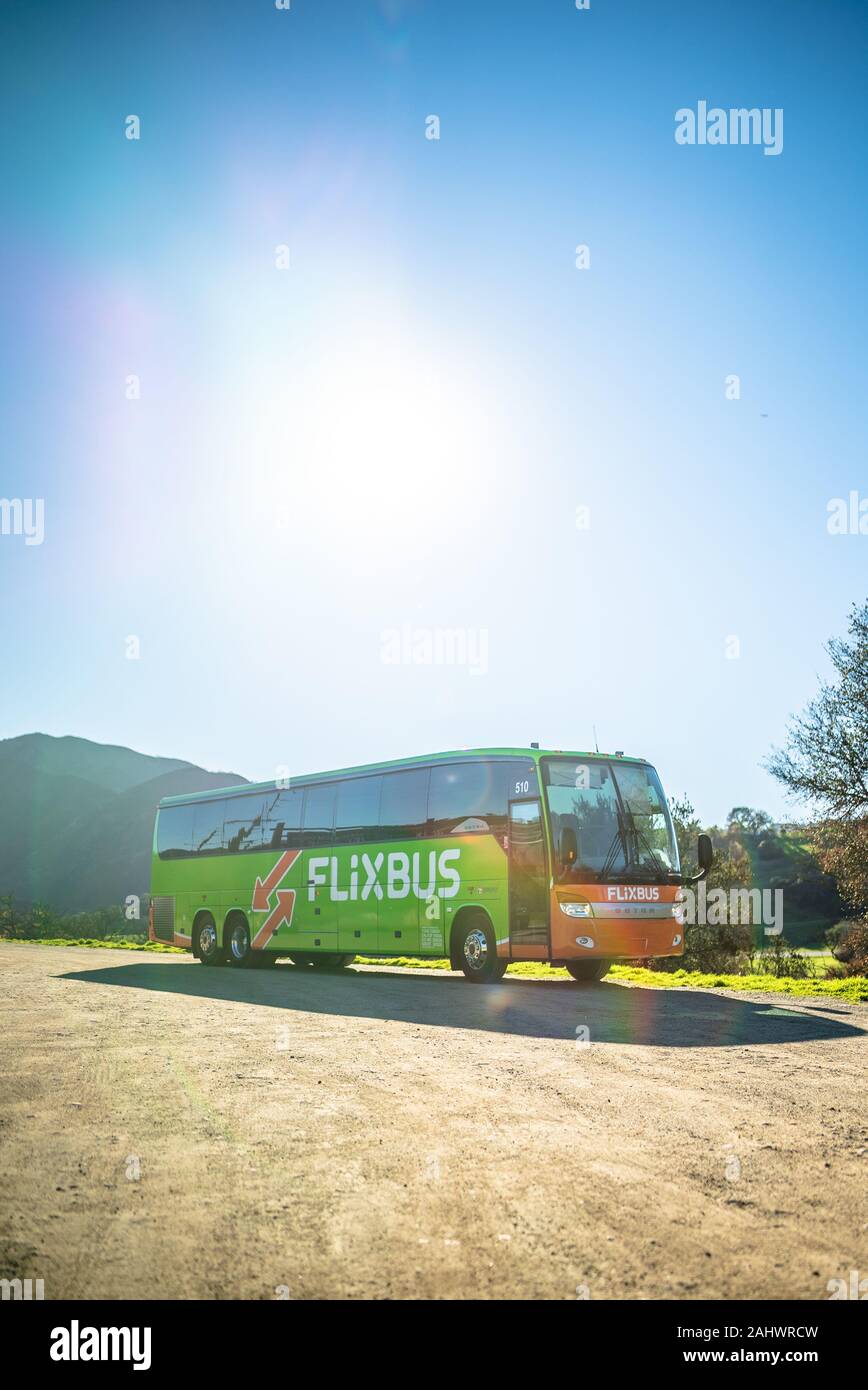 FlixBus green Passenger Bus, Los Angeles California. Intercity travel ...