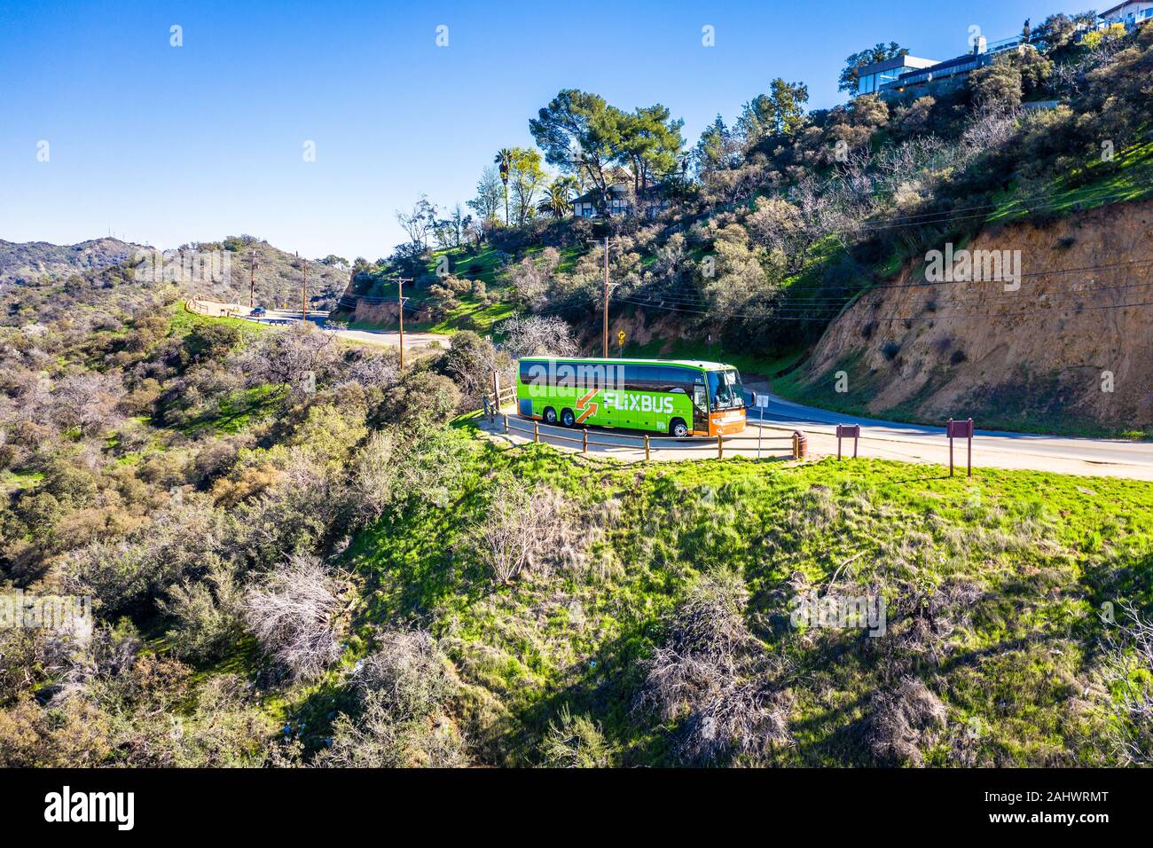 FlixBus green Passenger Bus, Los Angeles California. Intercity travel ...