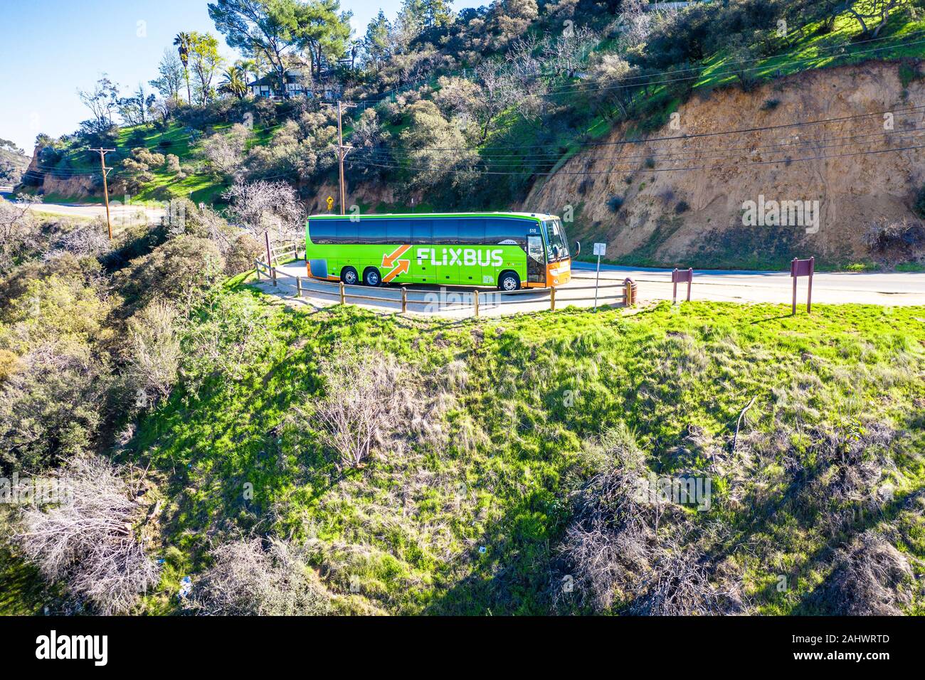 FlixBus green Passenger Bus, Los Angeles California. Intercity travel ...