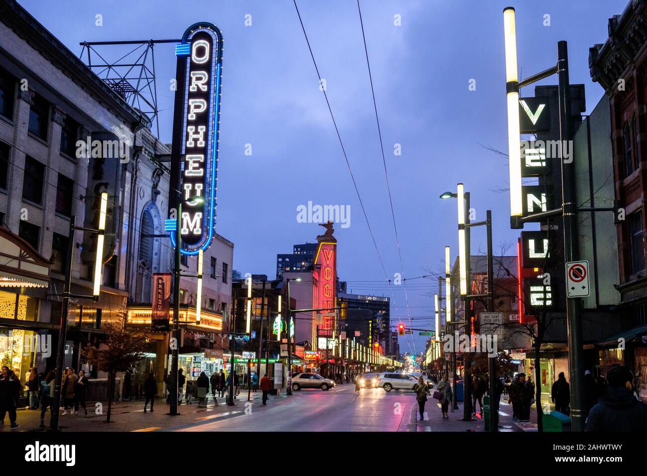Orpheum Theatre neon sign at night, Granville Street, downtown ...