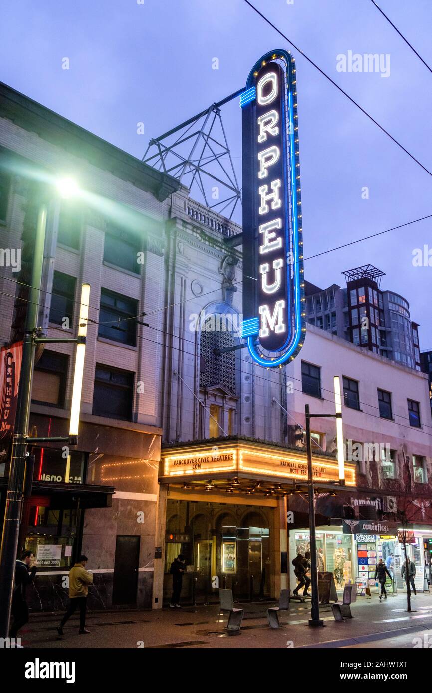 Orpheum Theatre neon sign at night, Granville Street, downtown ...