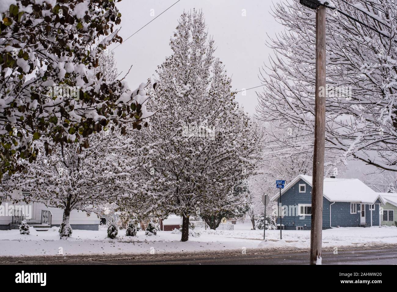 Snow and ice settles over trees and a small town in Northern United ...