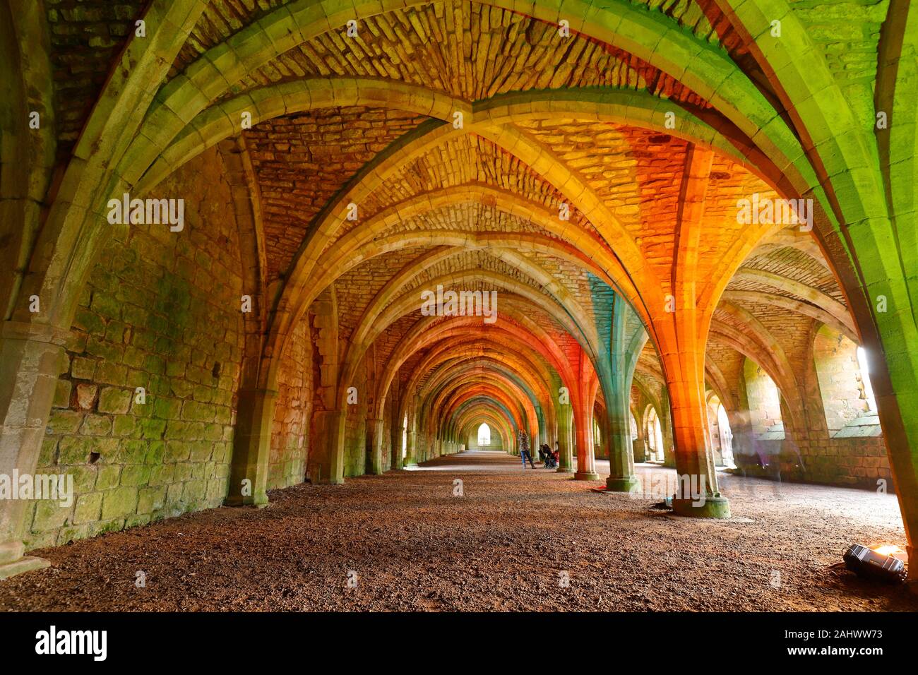 Illuminated Cellarium at Fountains Abbey in North Yorkshire Stock Photo ...