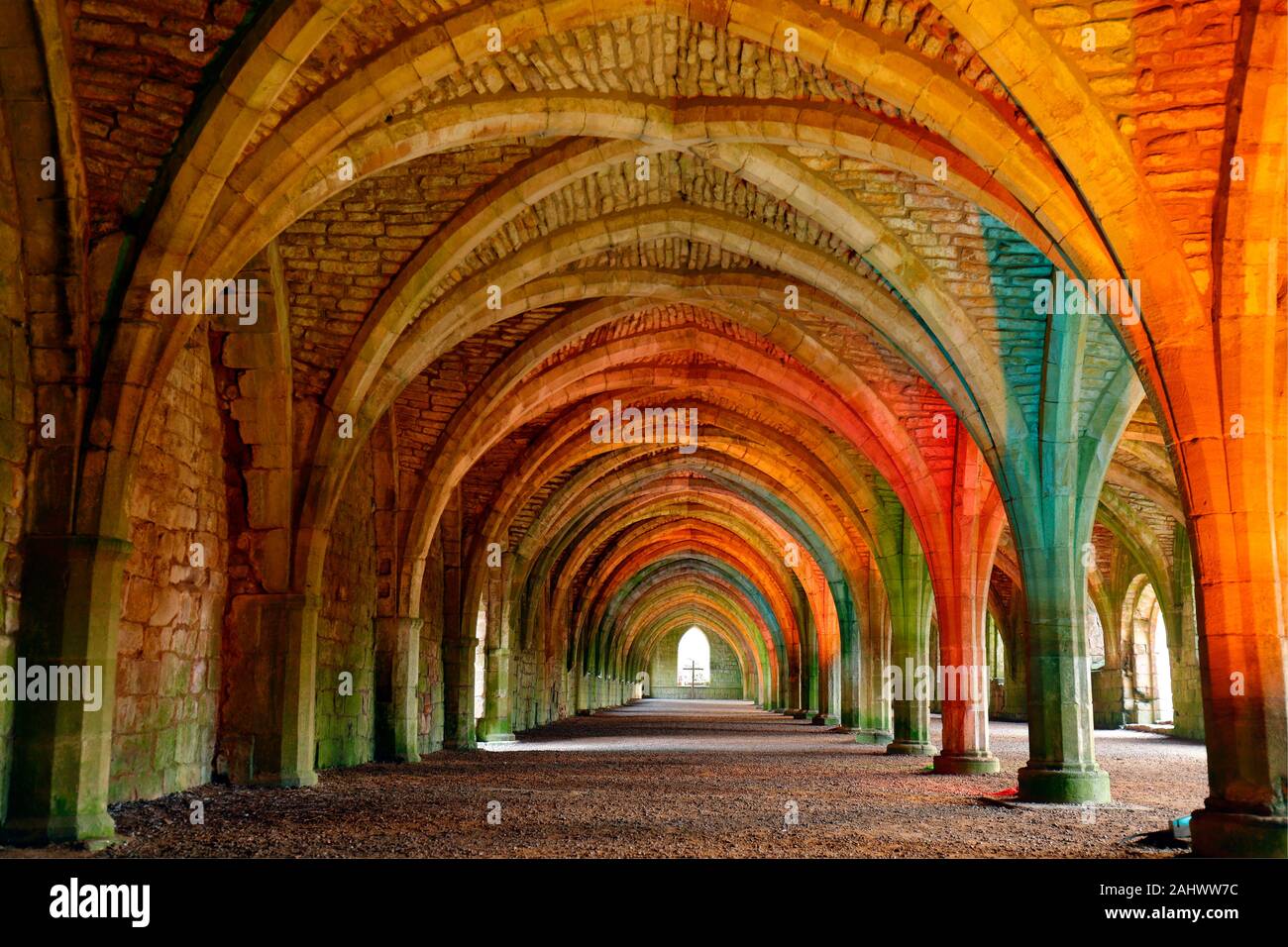 Illuminated Cellarium at Fountains Abbey in North Yorkshire Stock Photo ...
