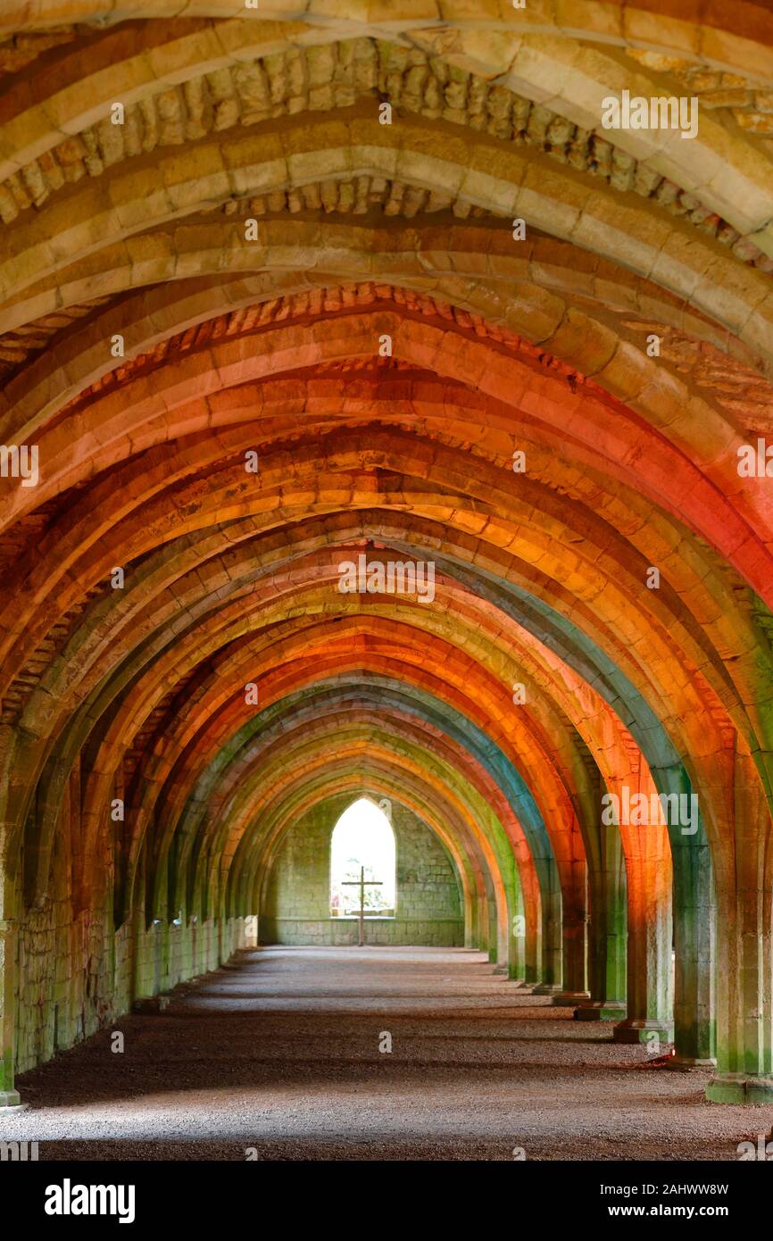 Illuminated Cellarium at Fountains Abbey in North Yorkshire Stock Photo ...