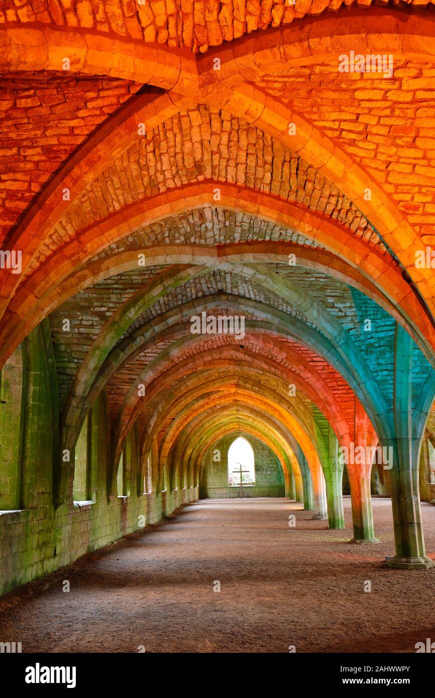 Illuminated Cellarium at Fountains Abbey in North Yorkshire Stock Photo ...