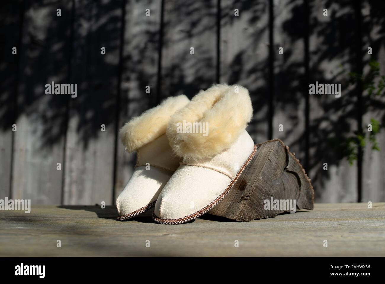 Traditional lamb and sheep wool and fur winter slippers for inside the ...