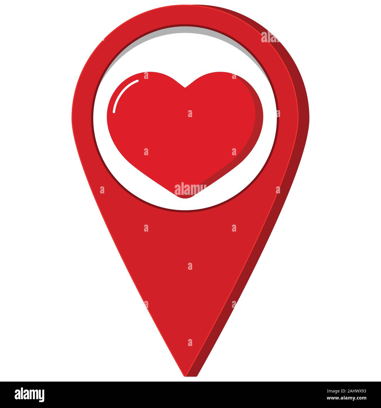 Red map pointer with red heart inside icon isolated on white background ...