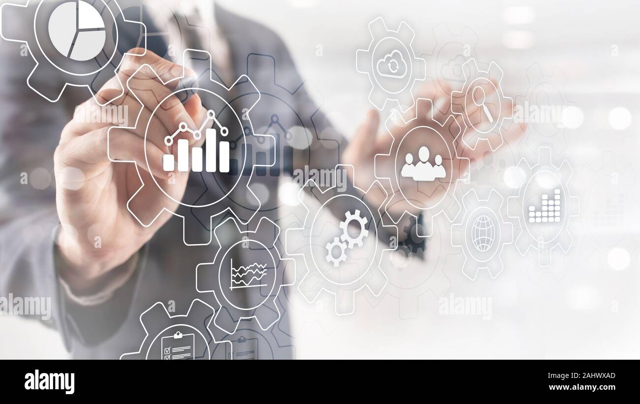 Business process abstract diagram with gears and icons. Workflow and ...