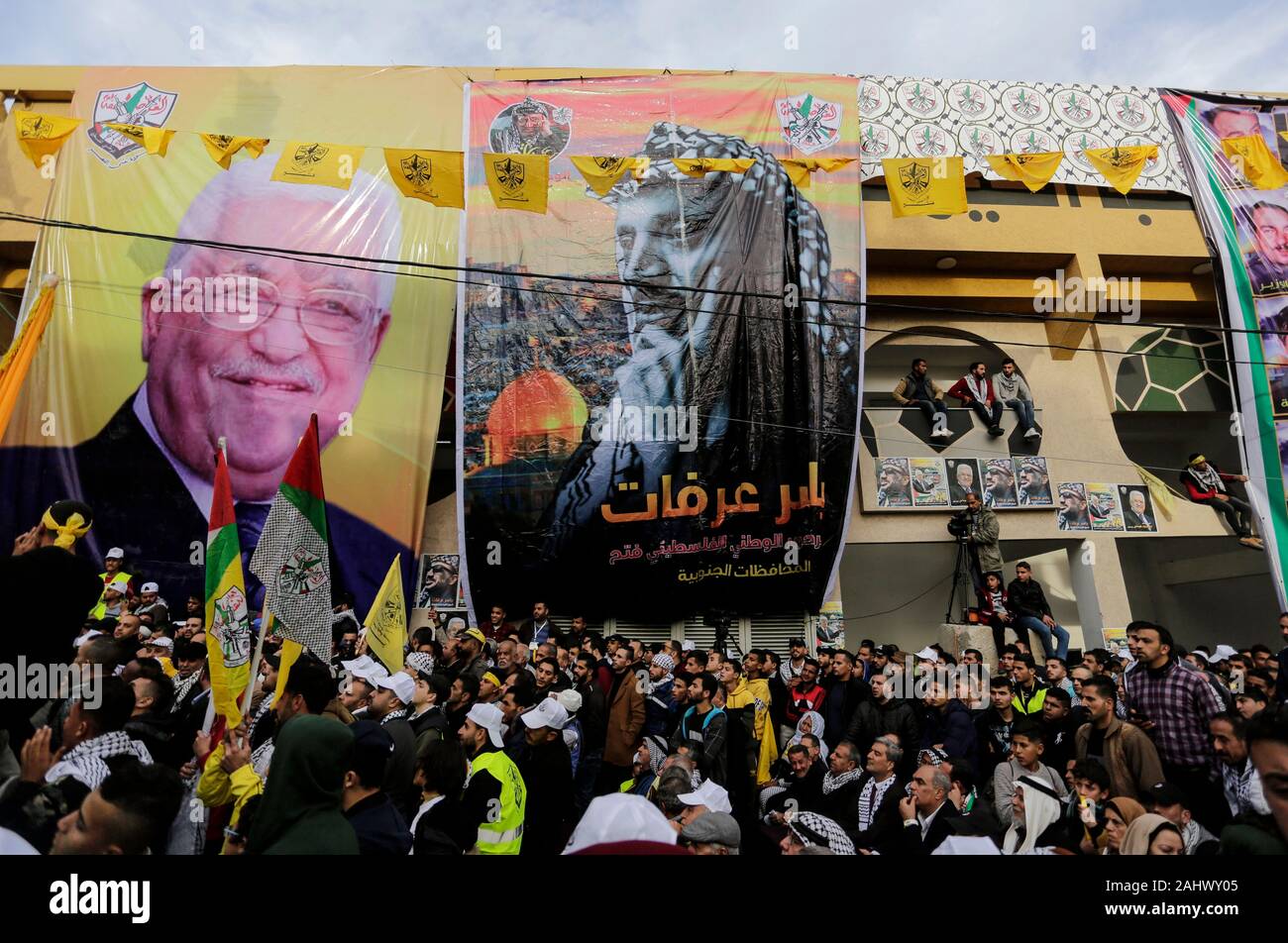 Crowd of Palestinian Fatah supporters during a rally marking the 55th ...