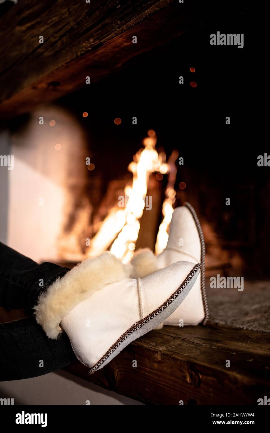 Traditional lamb and sheep wool and fur winter slippers for inside the ...