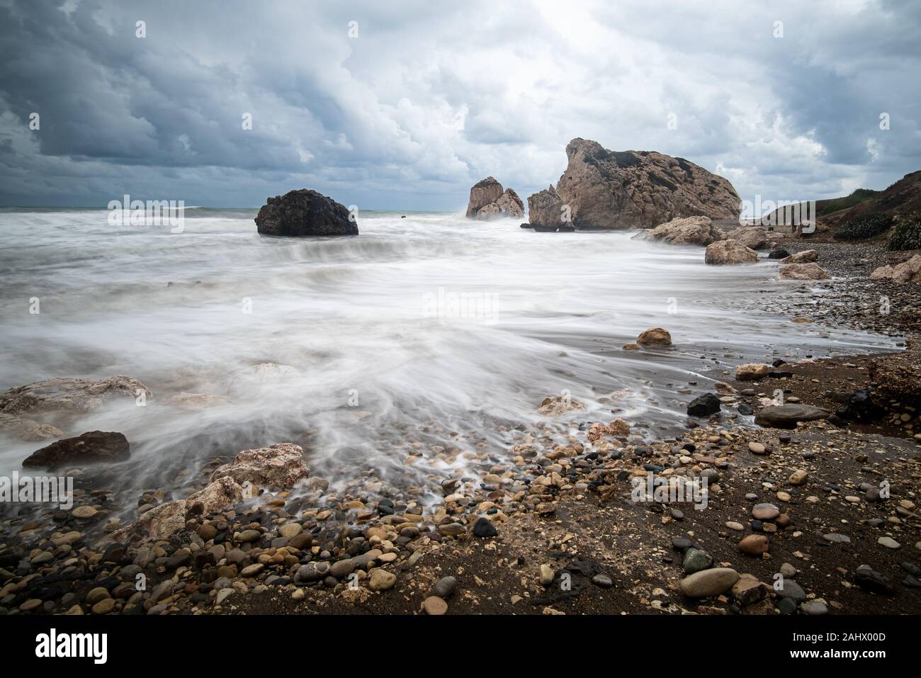 Seascape with windy waves during stormy weather at the rocky coastal ...