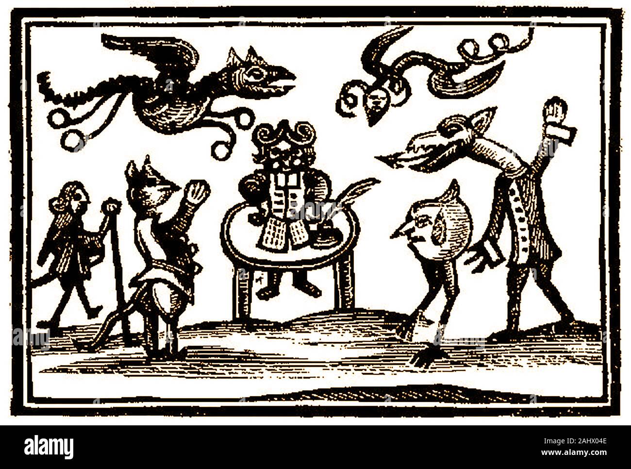 A very early woodcut engraving showing gremlins, dragons, goblins and ...