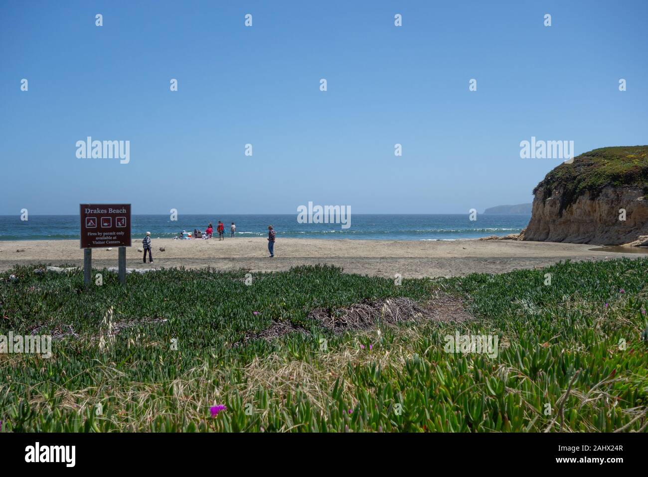 A sign identifying Drakes Beach in the Point Reyes National Seashore ...