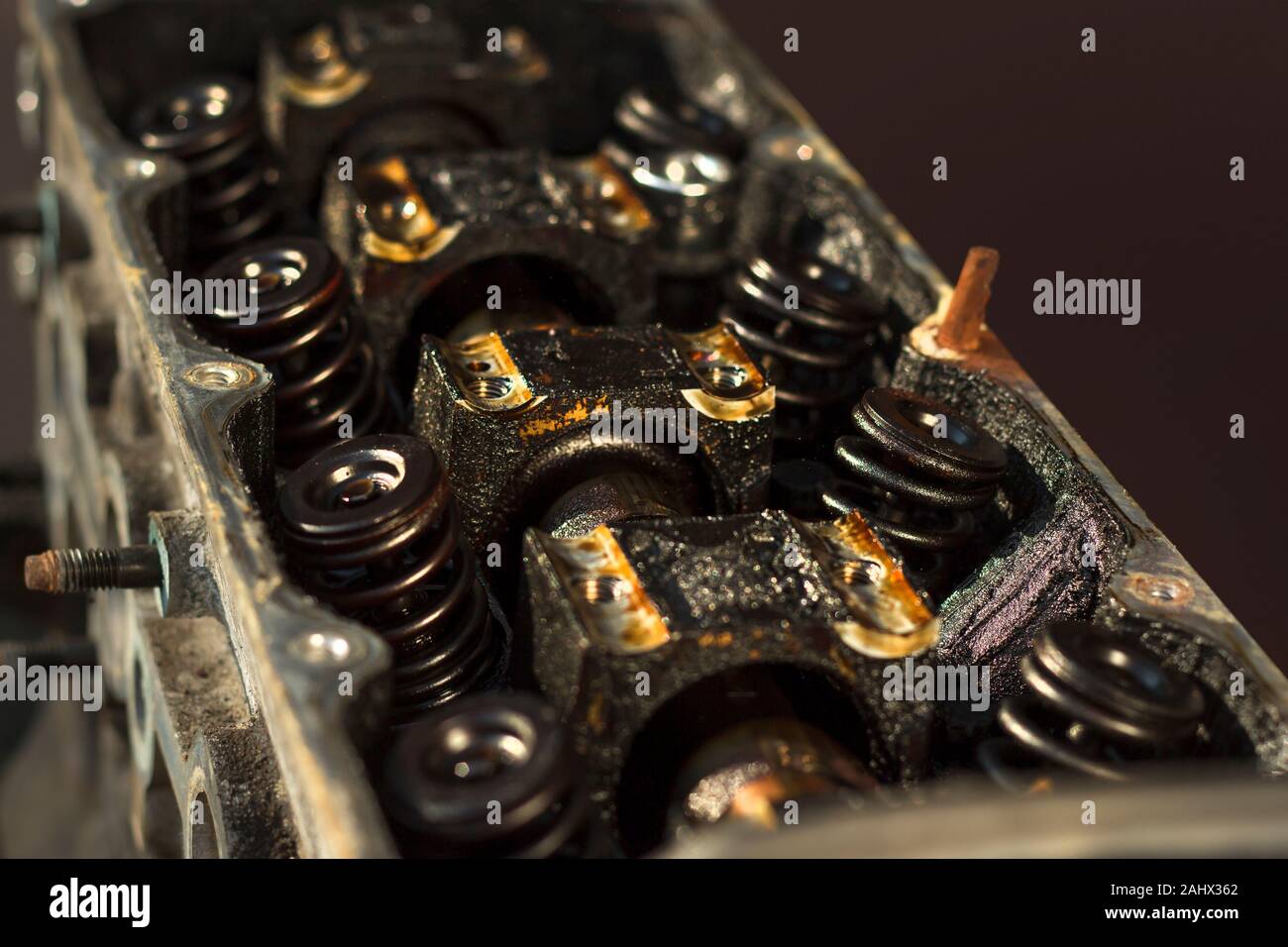Interior of an old worn internal combustion engine. Nagar, black ...