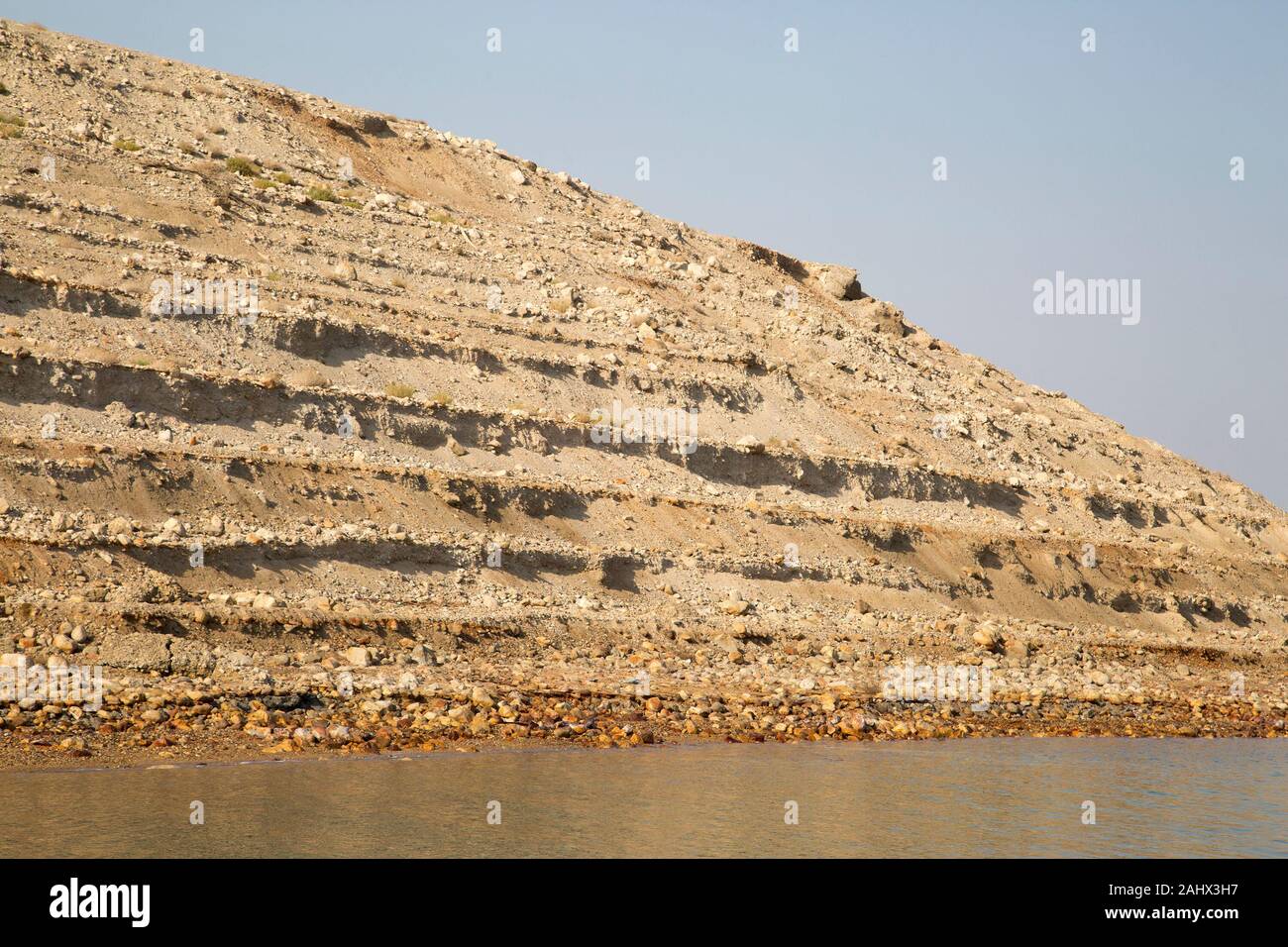 Dead Sea strata exposed by dropping water levels. The Sea has the ...
