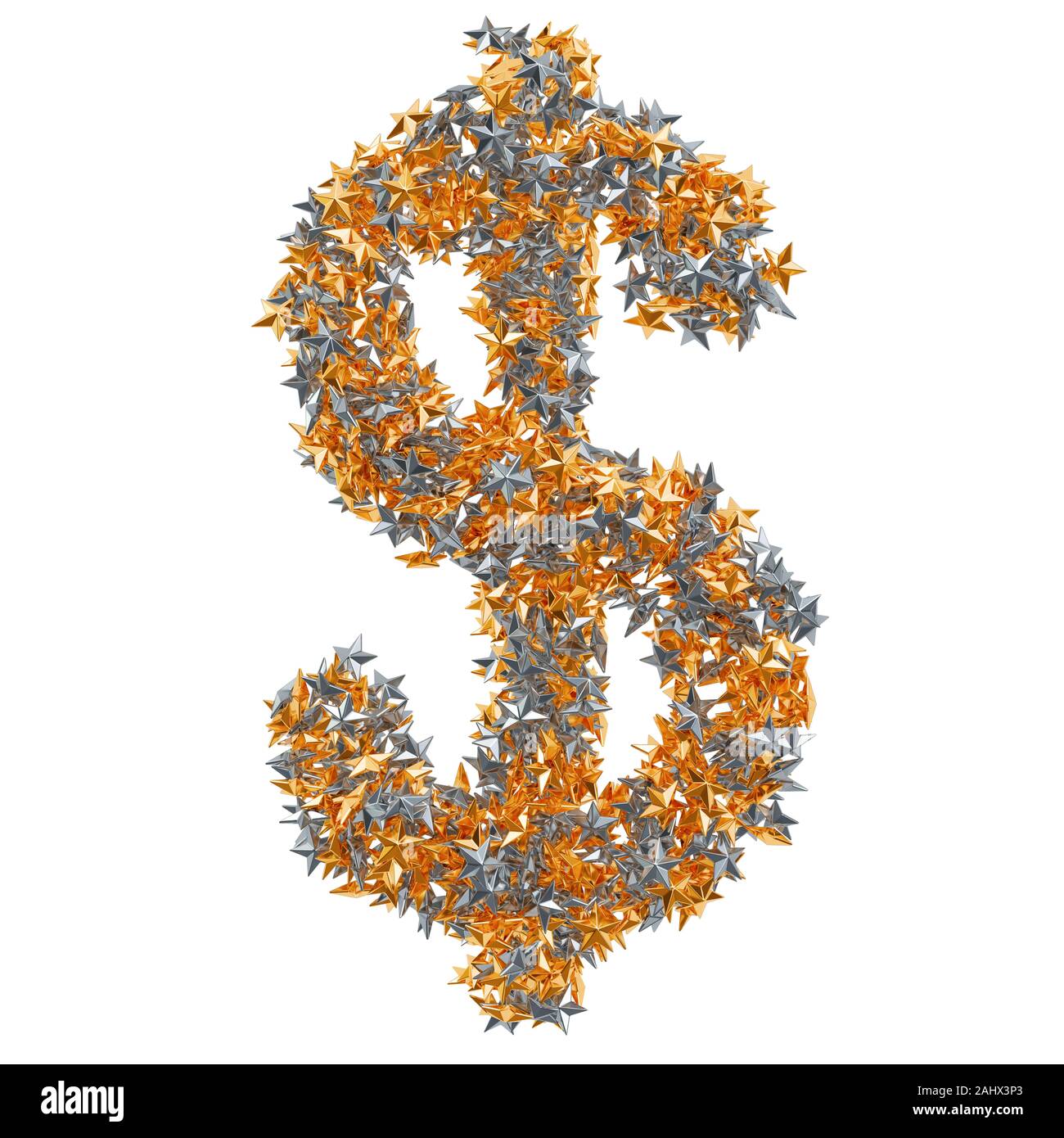 Dollar symbol from gold and silver stars, 3D rendering isolated on ...