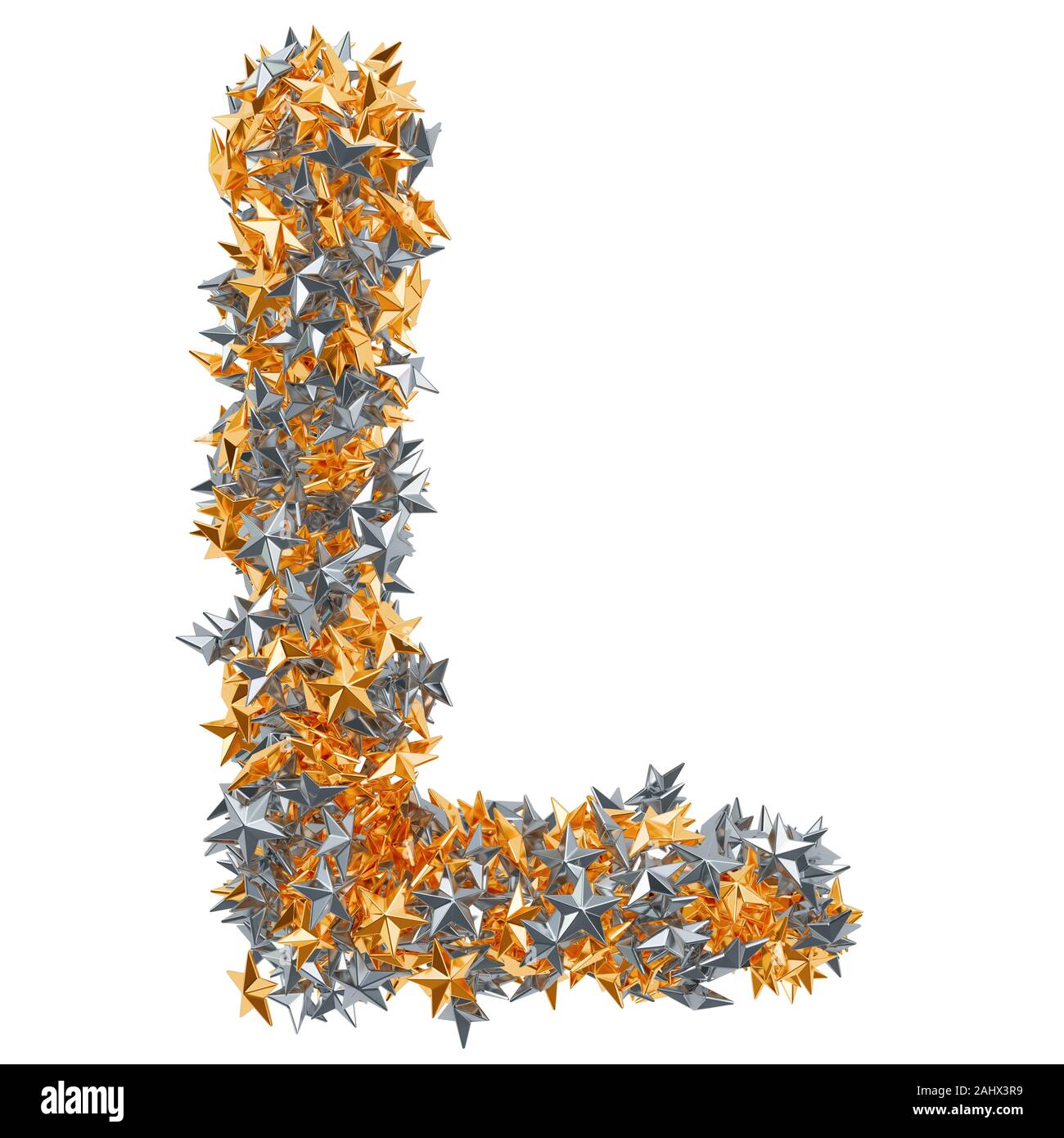 Letter L from gold and silver stars, 3D rendering isolated on white ...