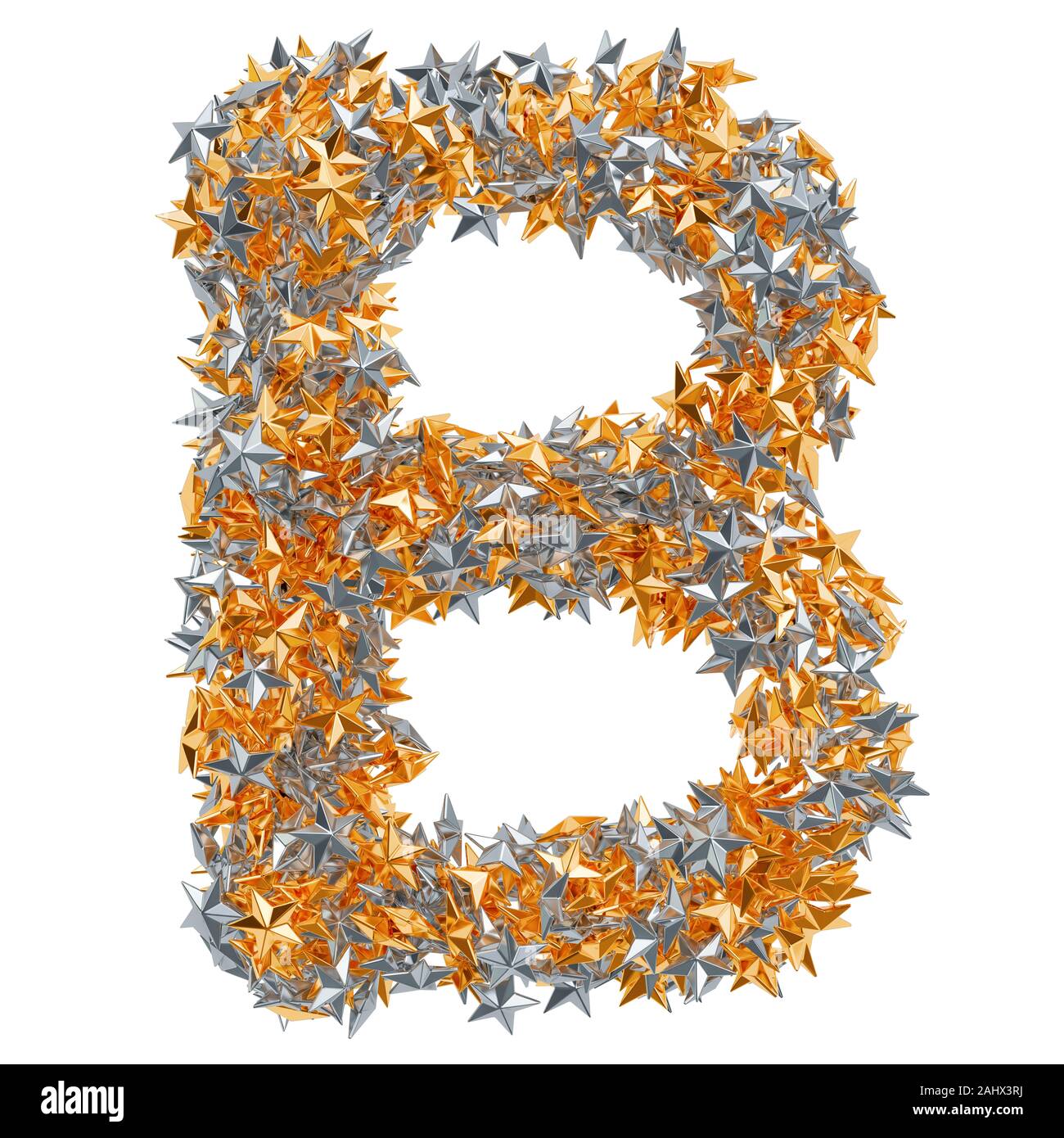 Letter B from gold and silver stars, 3D rendering isolated on white ...