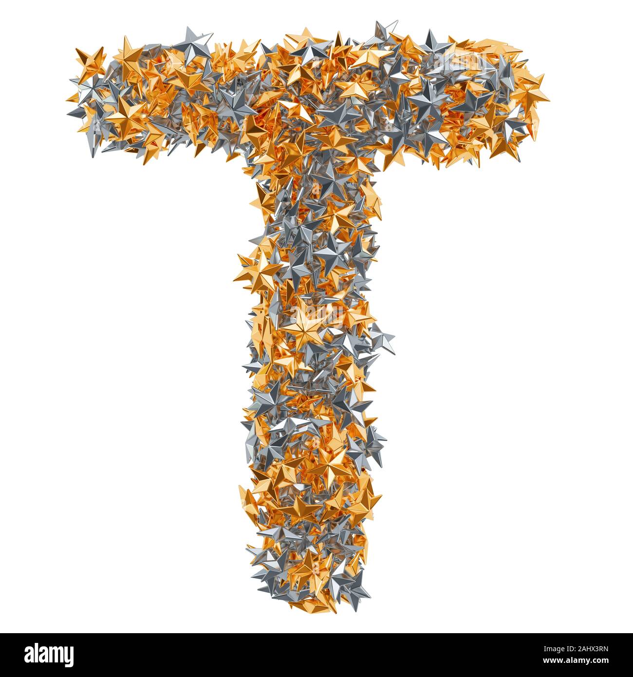 Letter T from gold and silver stars, 3D rendering isolated on white ...