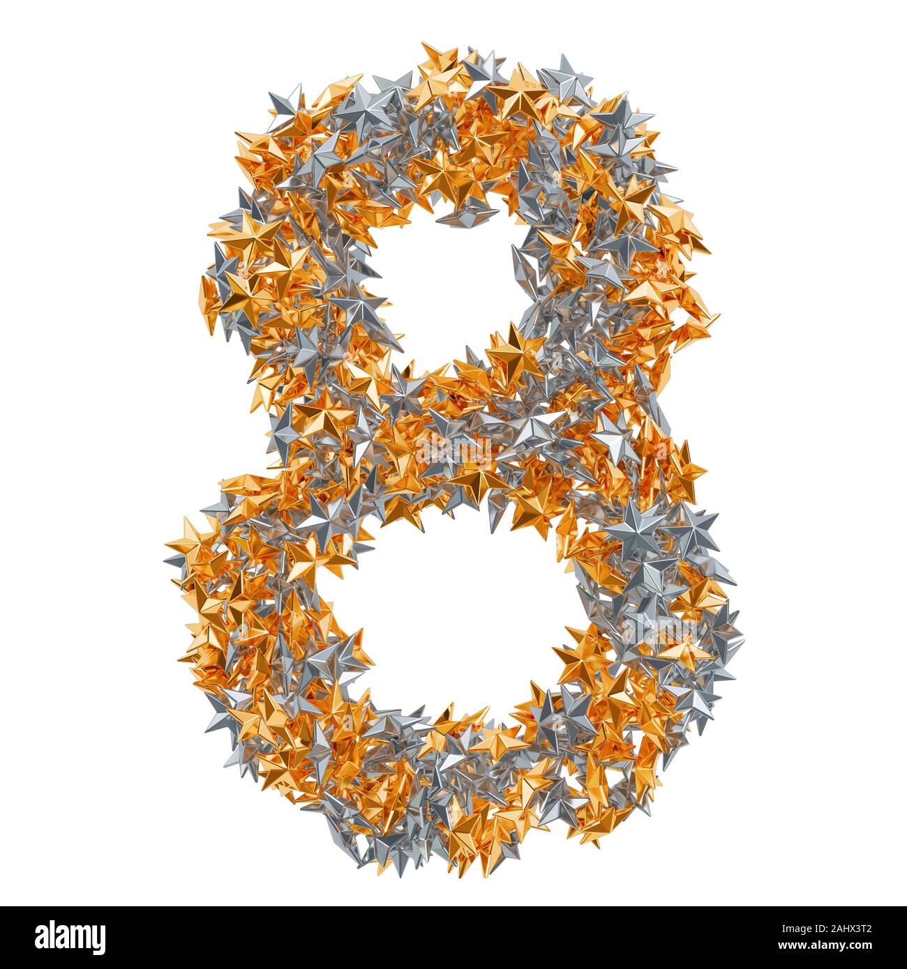 Number 8 from gold and silver stars, 3D rendering isolated on white ...