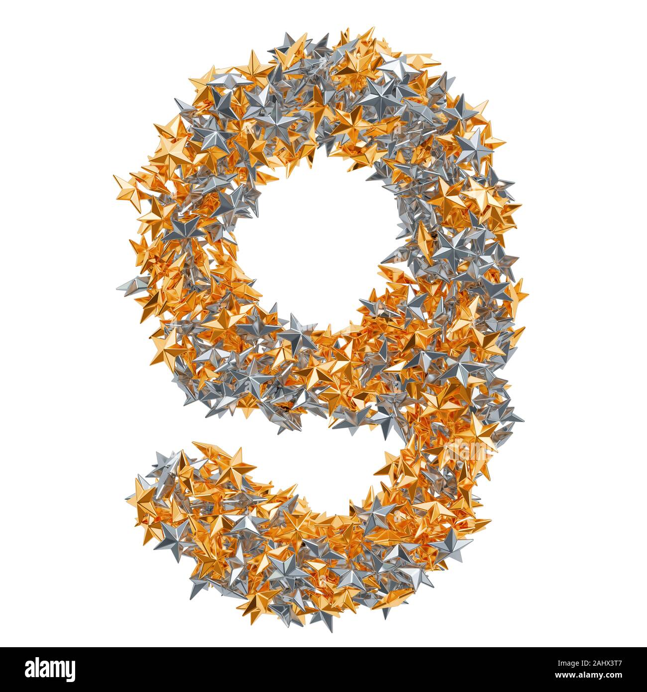 Number 9 from gold and silver stars, 3D rendering isolated on white ...