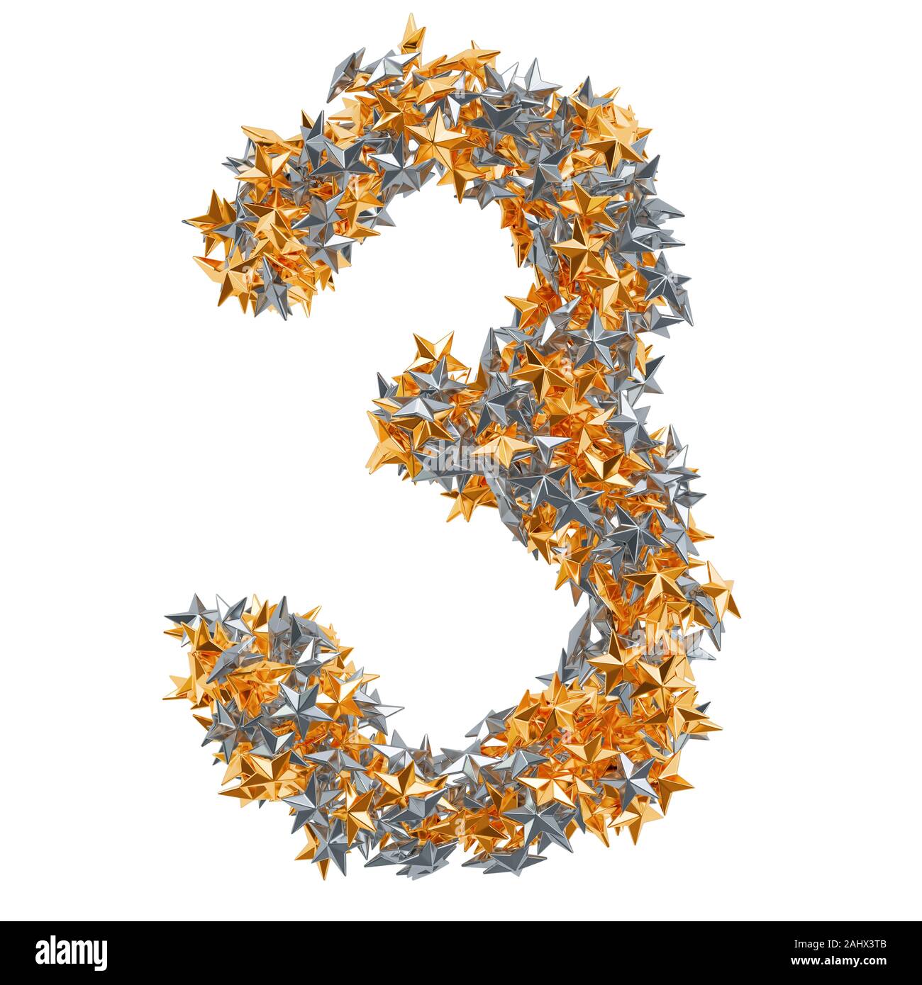 Number 3 from gold and silver stars, 3D rendering isolated on white ...