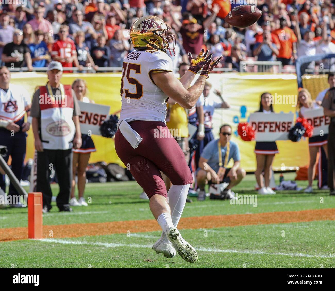 Tampa, FL, USA. 1st Jan, 2020. Minnesota TE Bryce Witham #85 about to ...