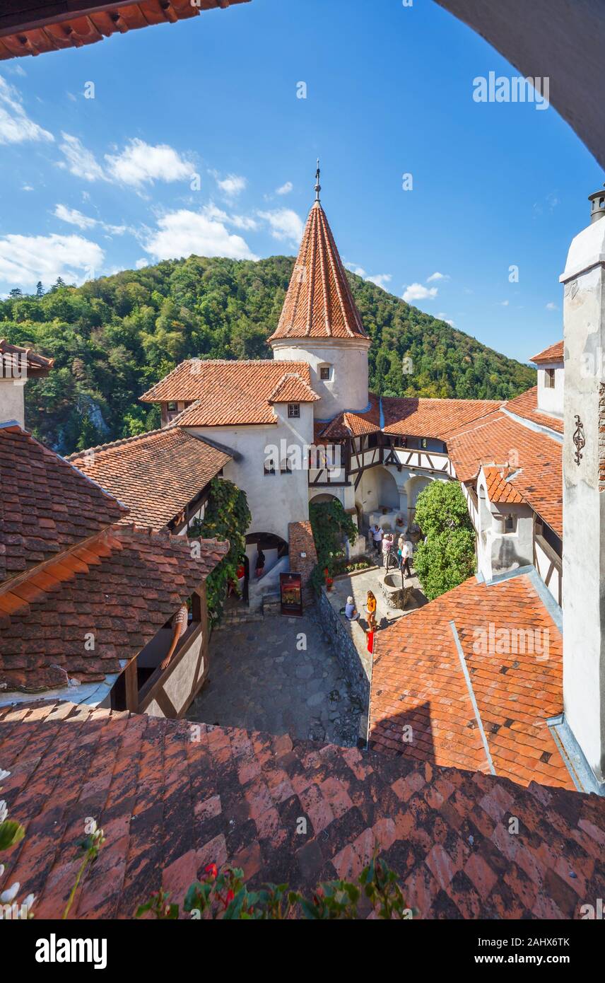 Courtyard and view from historic medieval Bran Castle, home of the ...