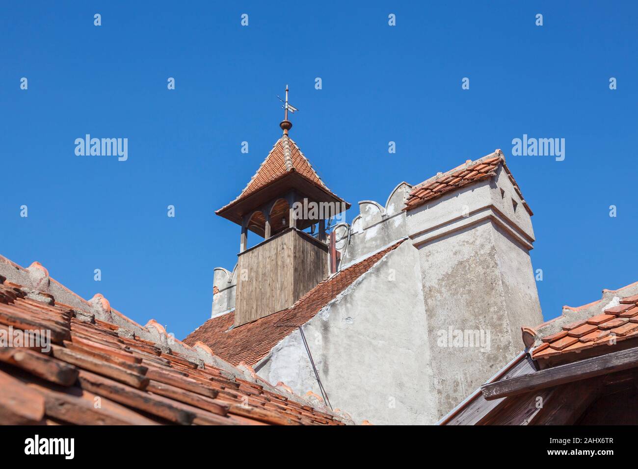 Tiled small square turret in medieval Bran Castle, the home of the ...
