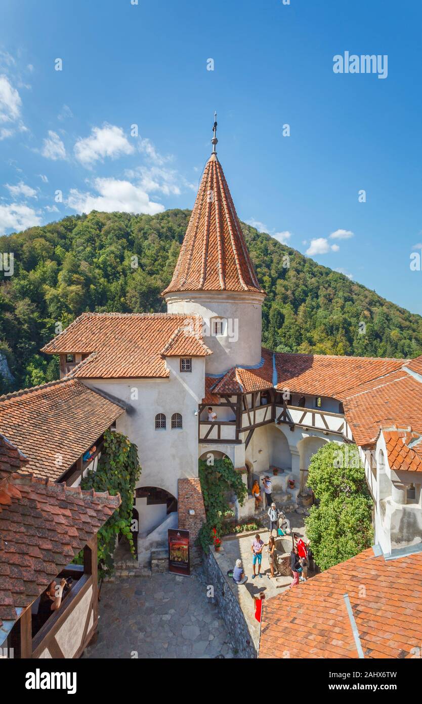 Courtyard and view from historic medieval Bran Castle, the home of the ...