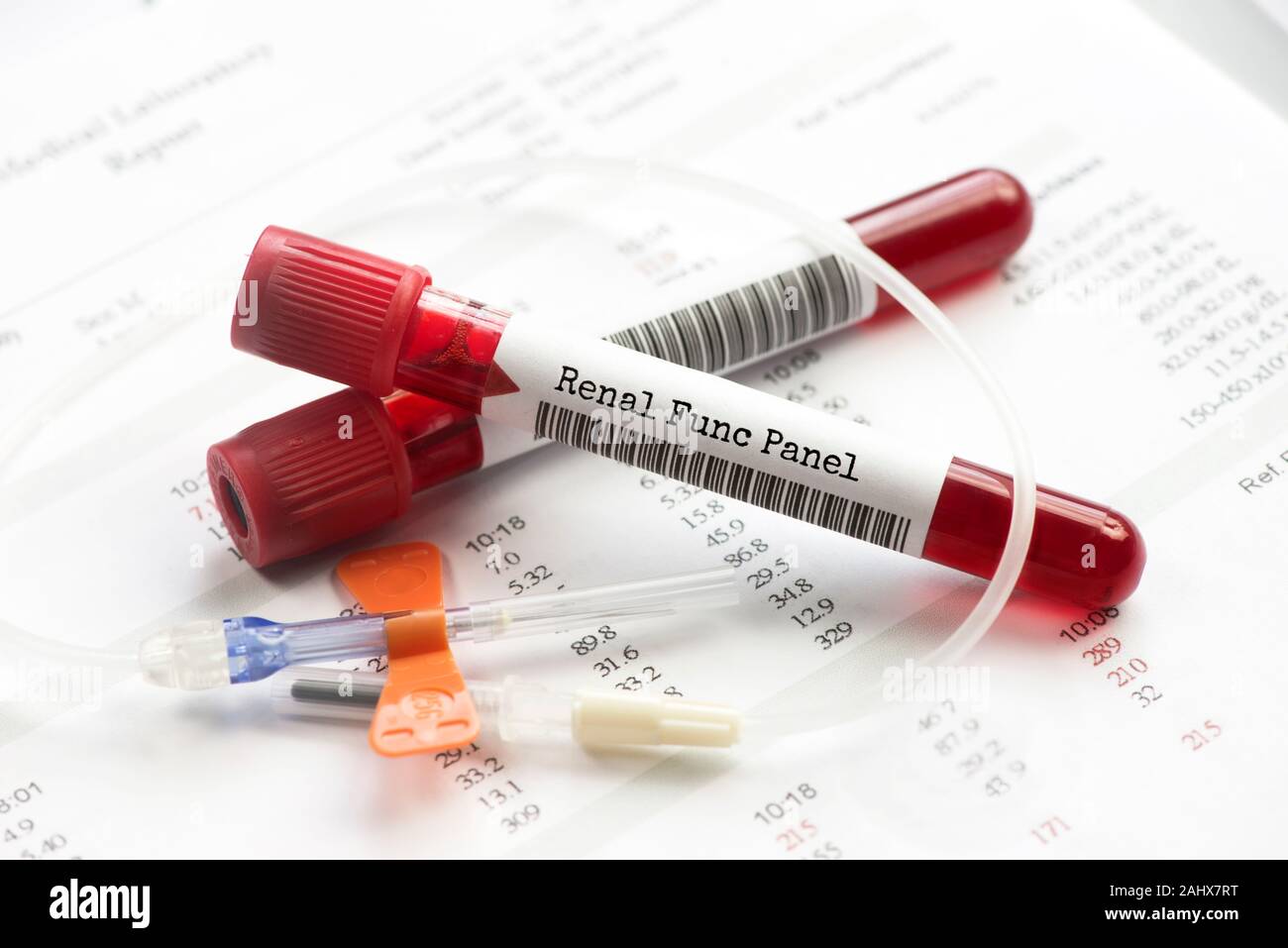 Renal function blood test tubes on laboratory report. Renal function ...