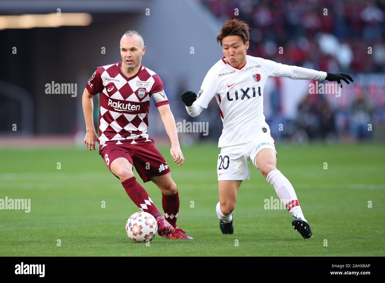Tokyo, Japan. 1st Jan, 2020. (L-R) Andres Iniesta (Vissel), Kento Misao ...
