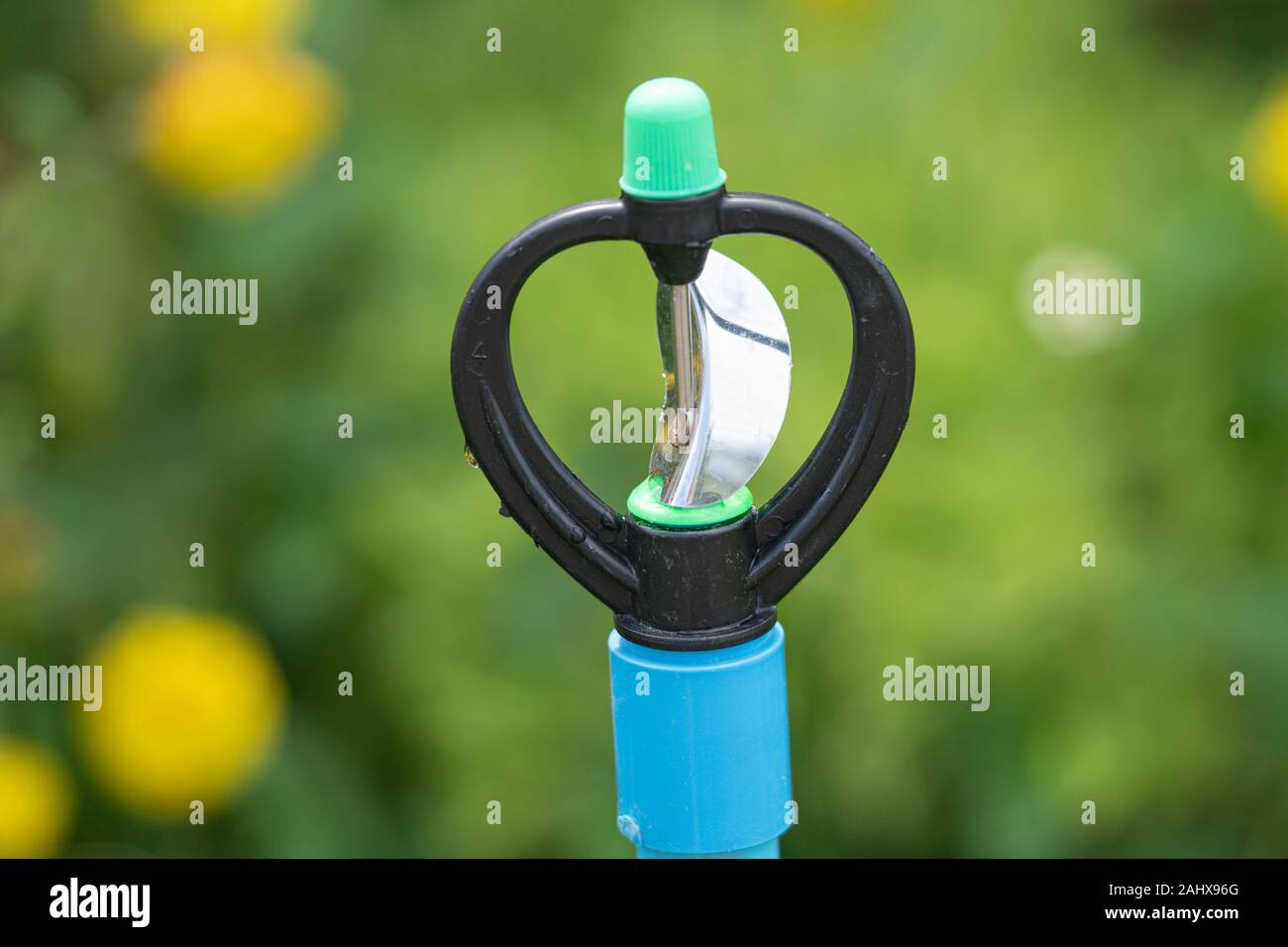 sprinkler watering tool in garden yellow flower and nature background ...