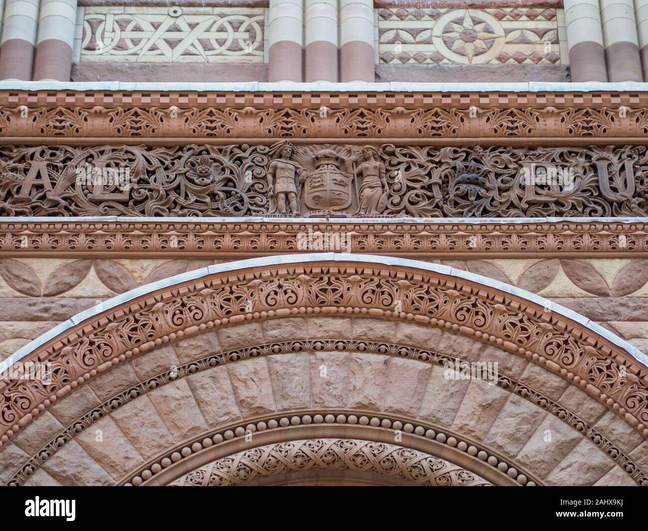 A close-up of intricate architecture work on the central arch at Old ...