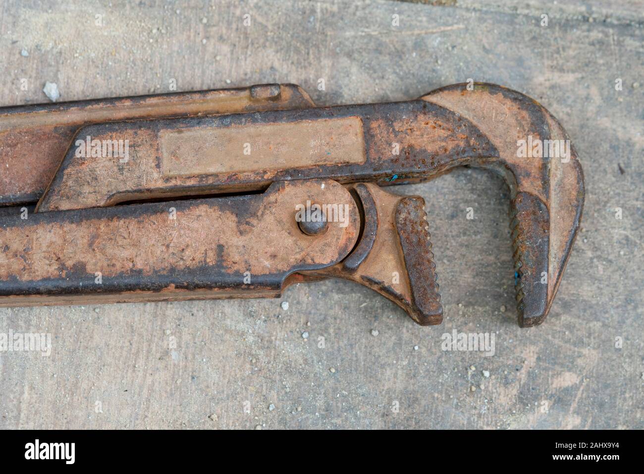 vintage rusty pipe wrench isolated on white background, top view Stock ...