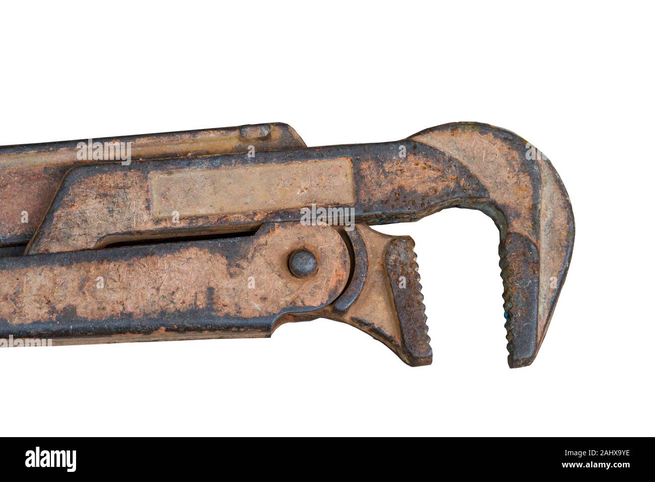 vintage rusty pipe wrench isolated on white background, top view Stock ...